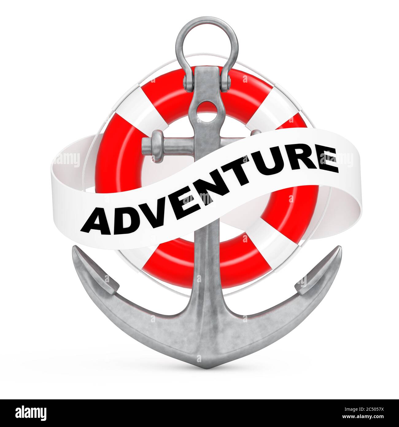 Nautical Anchor with Ribbon and Adventure Sign on a white background ...