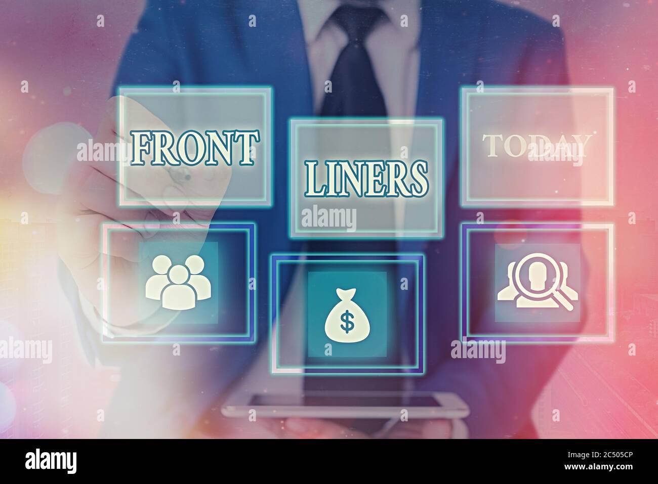 Conceptual hand writing showing Frontliners. Concept meaning most ...