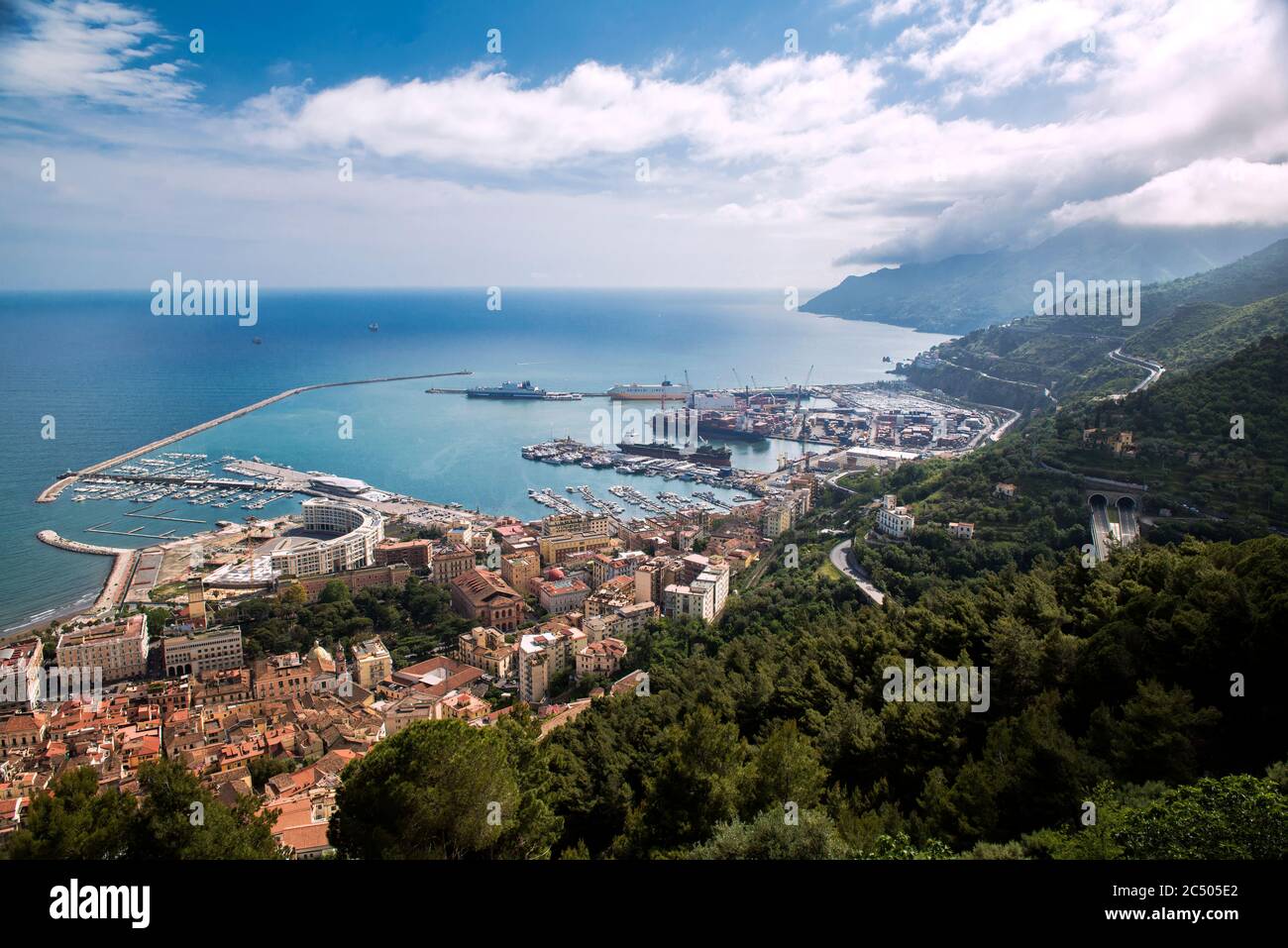 Panoramic view of the Salerno City, Port, and Gulf of Salerno from the ...