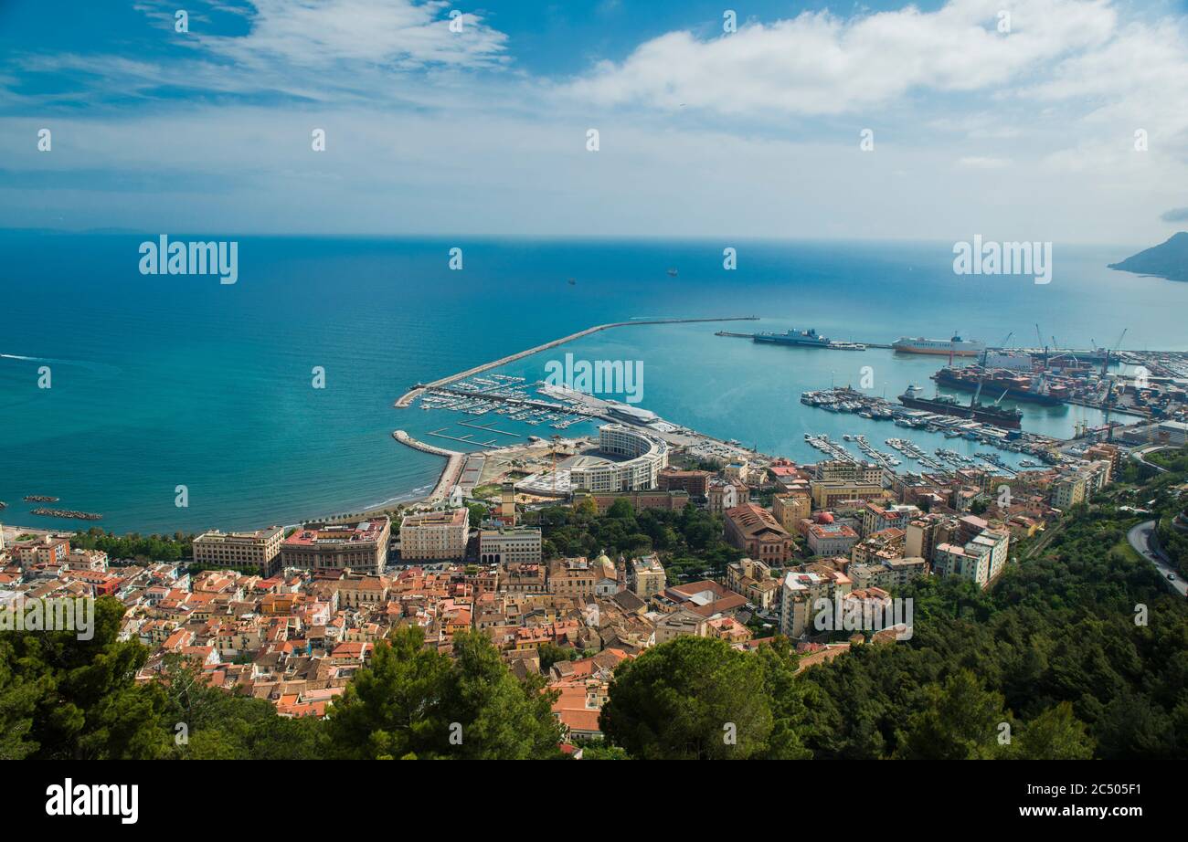 Panoramic view of the Salerno City, Port, and Gulf of Salerno from the ...