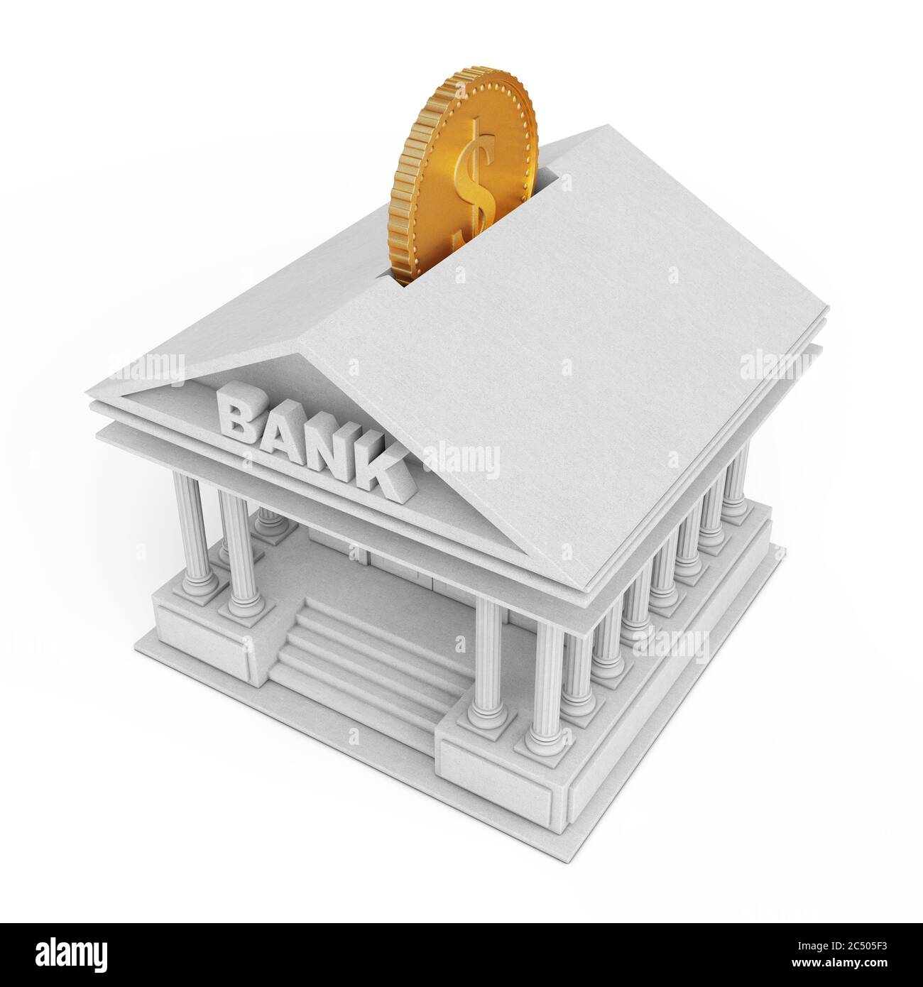 Bank Building with Golden Coin as Moneybox on a white background. 3d ...