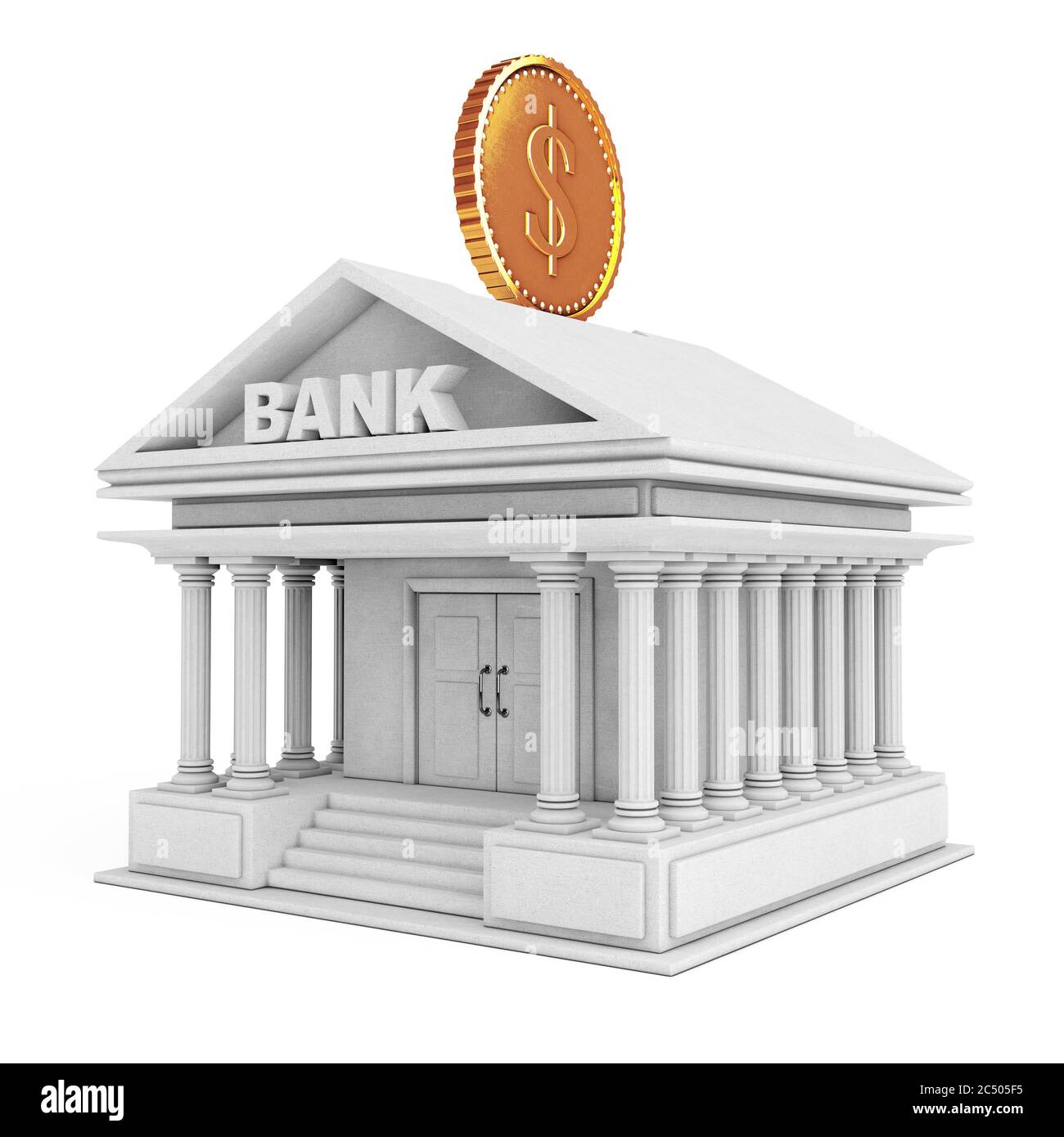 Bank Building with Golden Coin as Moneybox on a white background. 3d ...