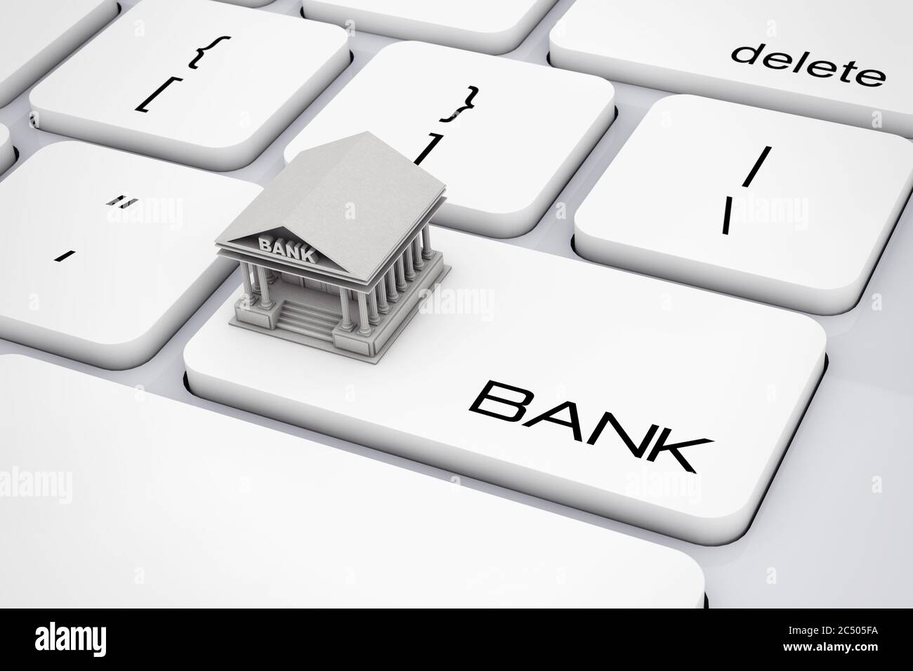Bank Building over Computer Keyboard with Bank Sign extreme closeup. 3d ...
