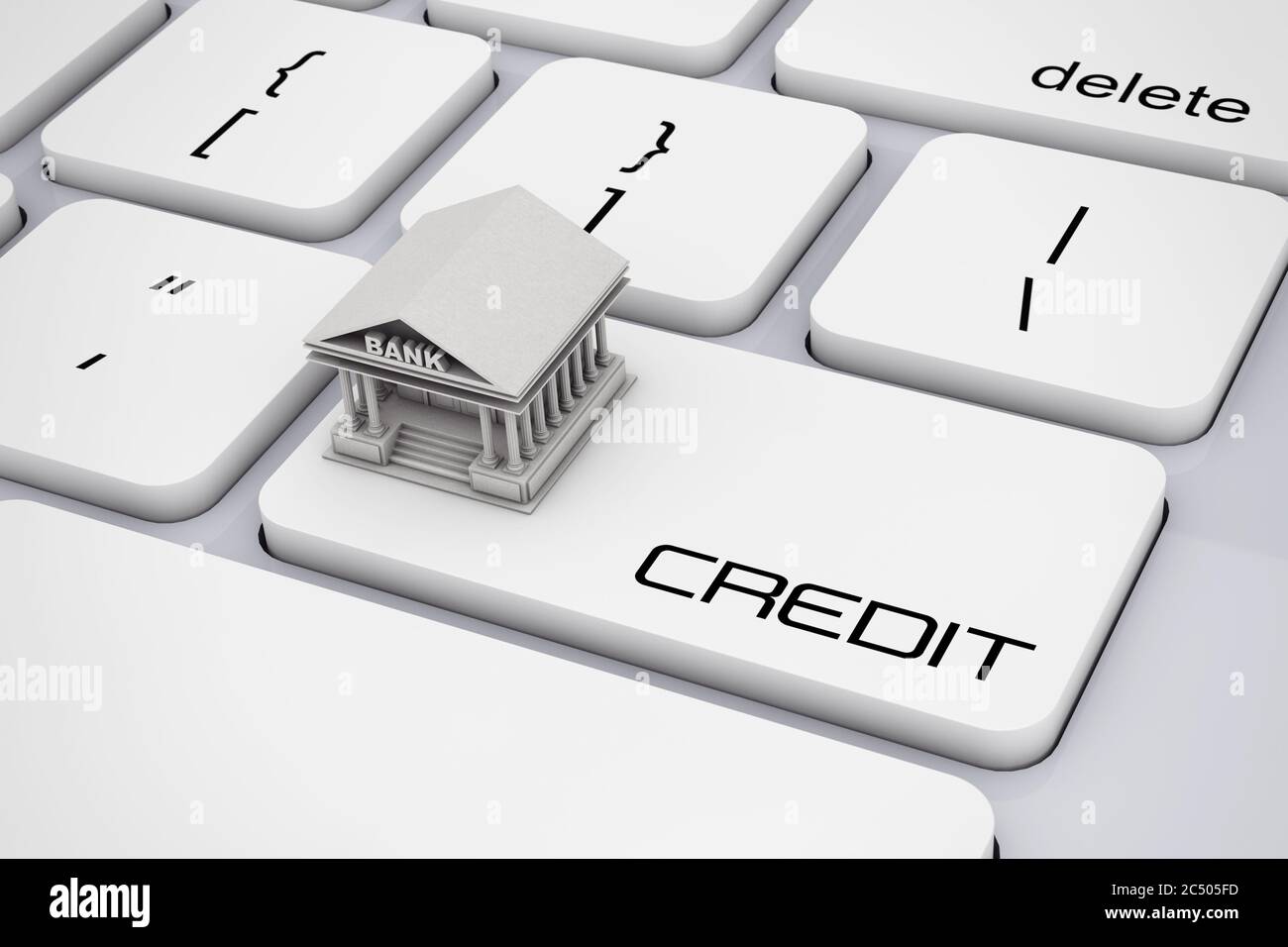 Bank Building over Computer Keyboard with Credit Sign extreme closeup ...