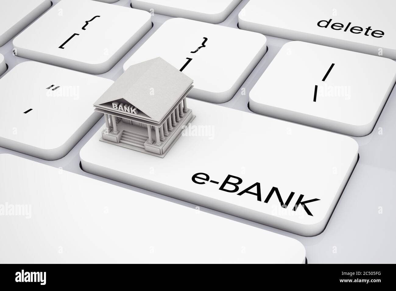 Bank Building over Computer Keyboard with e-Bank Sign extreme closeup ...