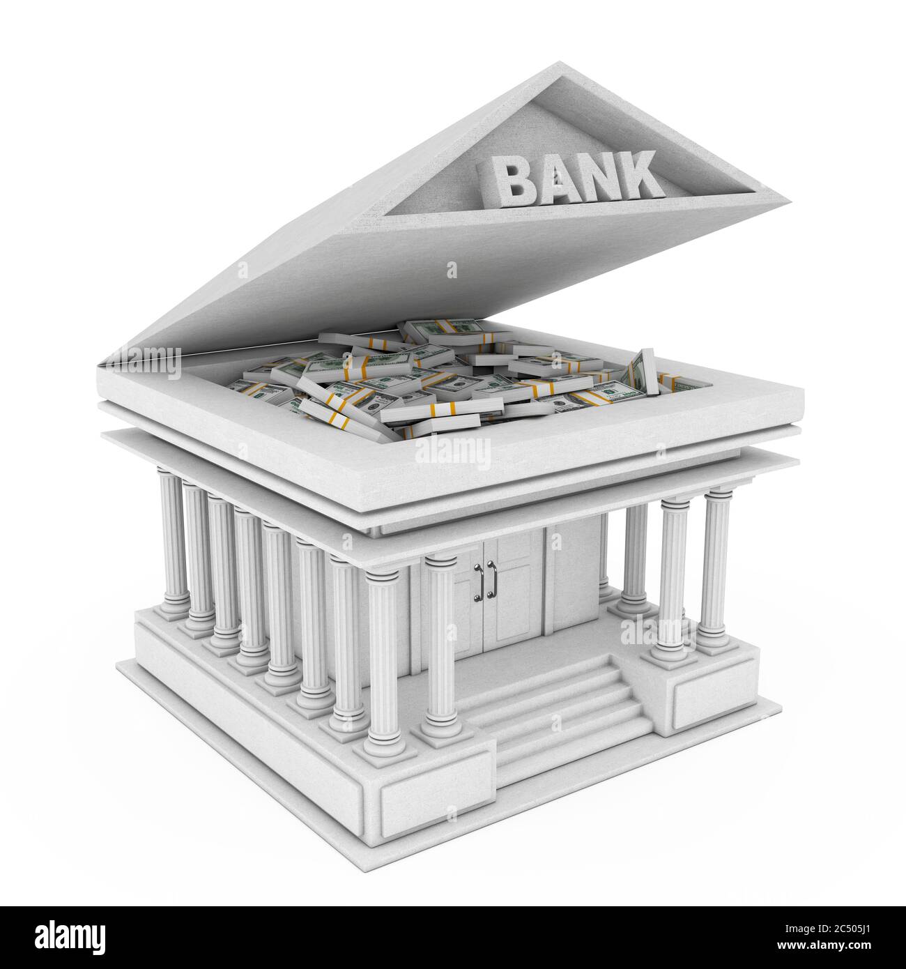 Bank Building with Banknotes under Opened Roof on a white background ...