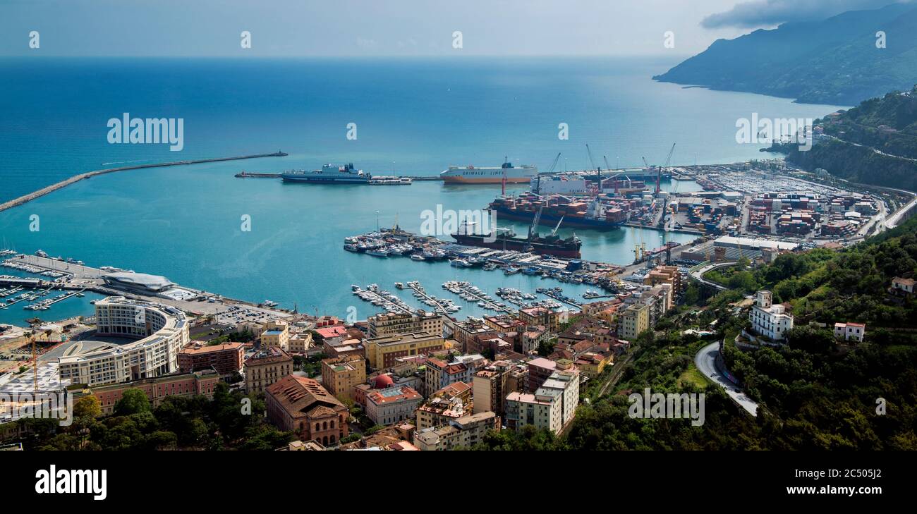 Panoramic view of the Salerno City, Port, and Gulf of Salerno from the ...