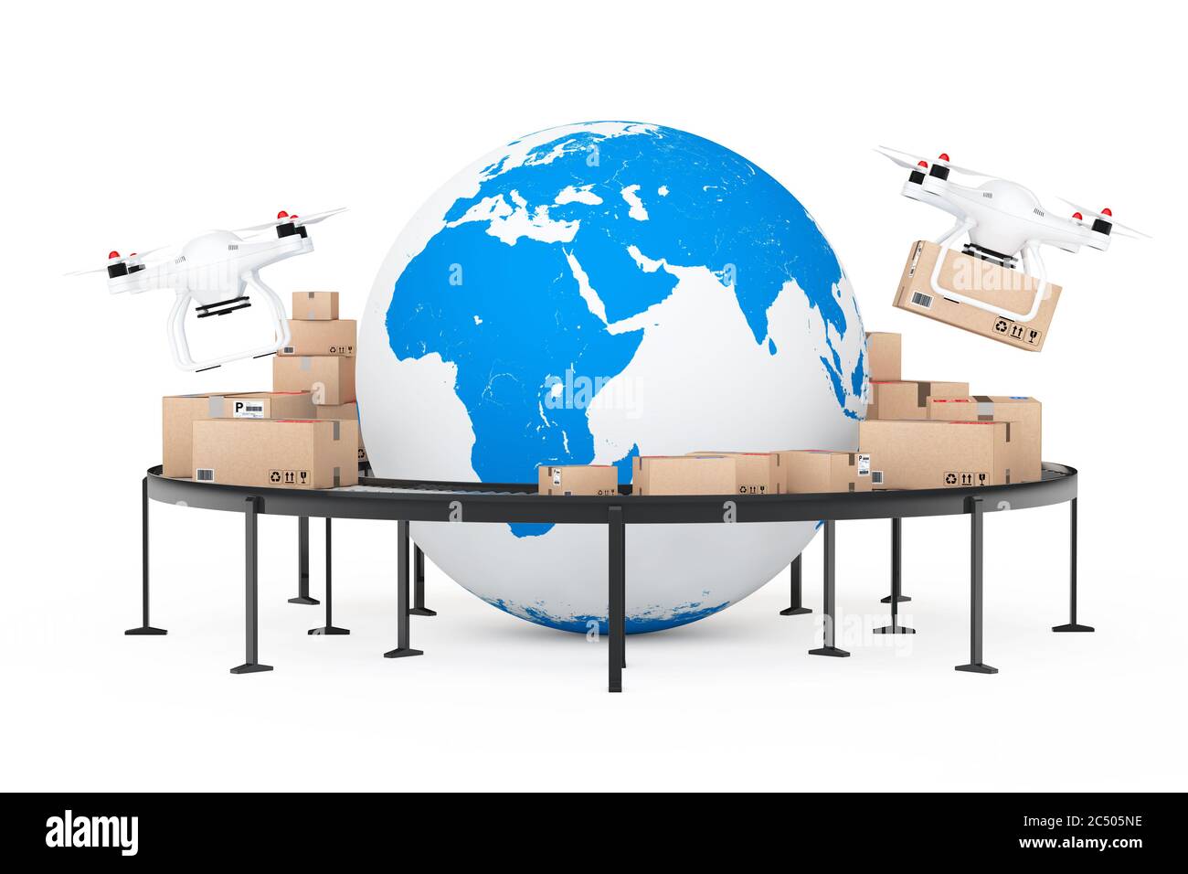 Global Shipping and Logistic Concept. Quadrocopter Drones Delivering a ...