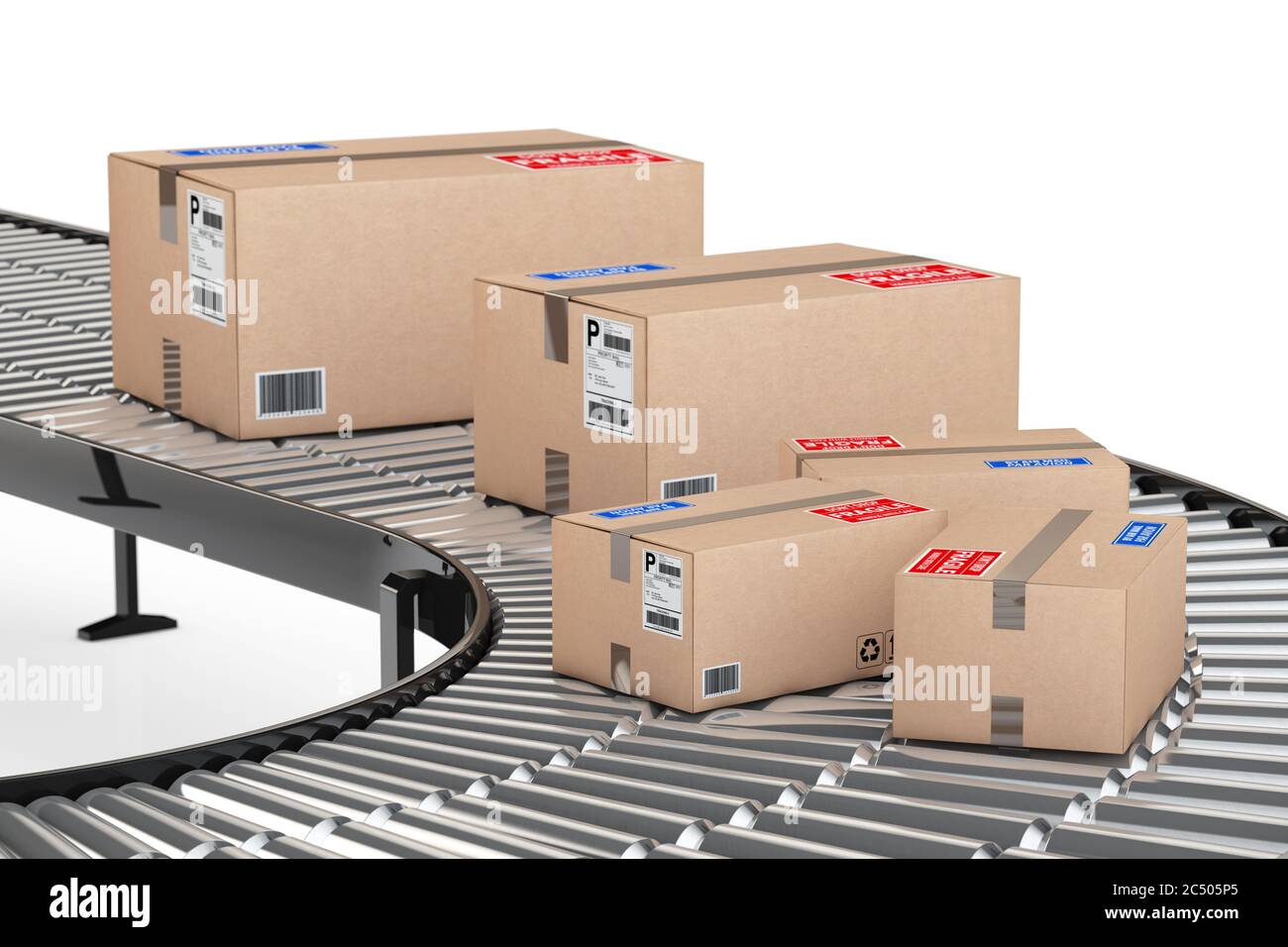 Parcels Transportation System Concept. Cardboard Boxes on Conveyor in ...