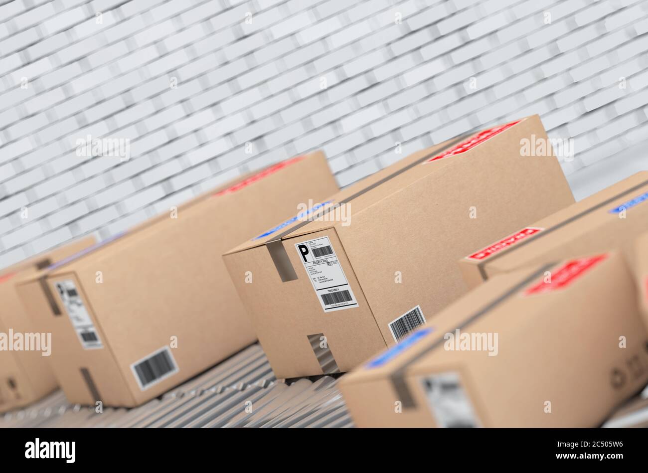 Parcels Transportation System Concept. Cardboard Boxes on Conveyor in ...