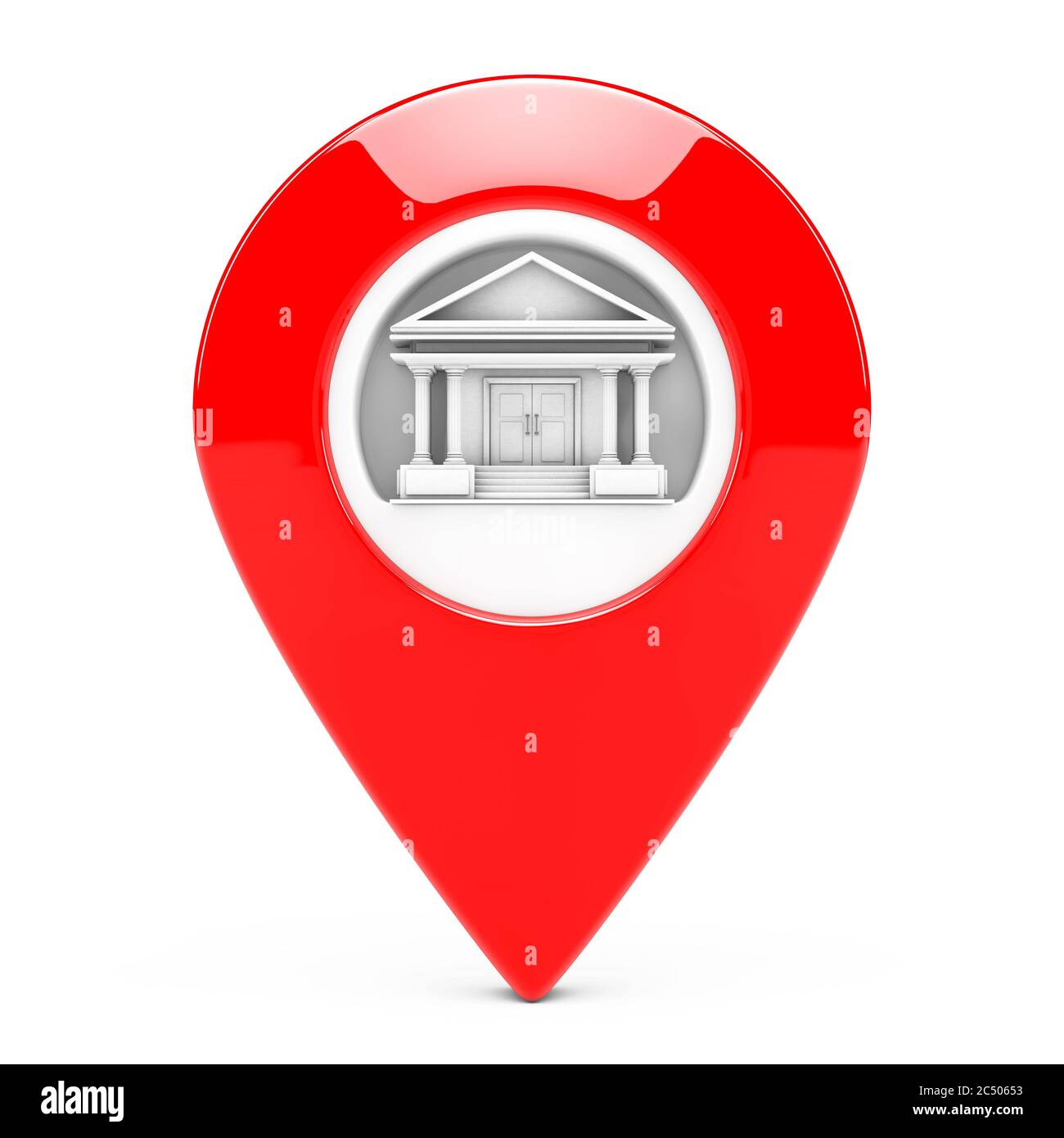 Red Map Pointer with Government Building Target on a white background ...