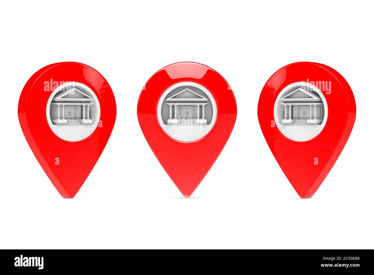 Red Map Pointers with Government Building Target on a white background ...