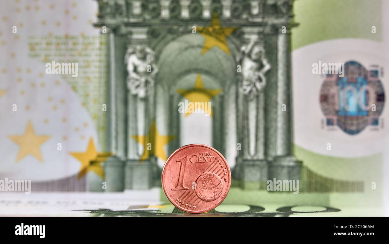 1 Euro cent against 100 Euro banknote, coins and banknotes of the ...