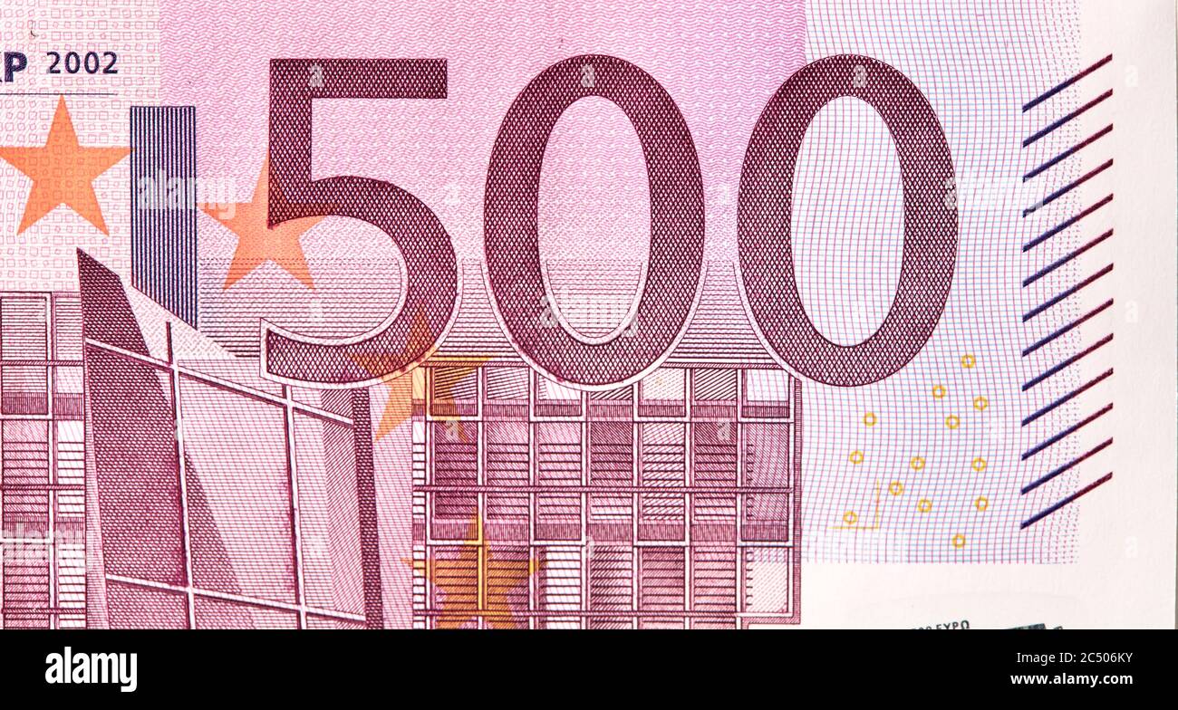 Five houndreds euro banknotes. 500 Euro paper cash. European Union ...