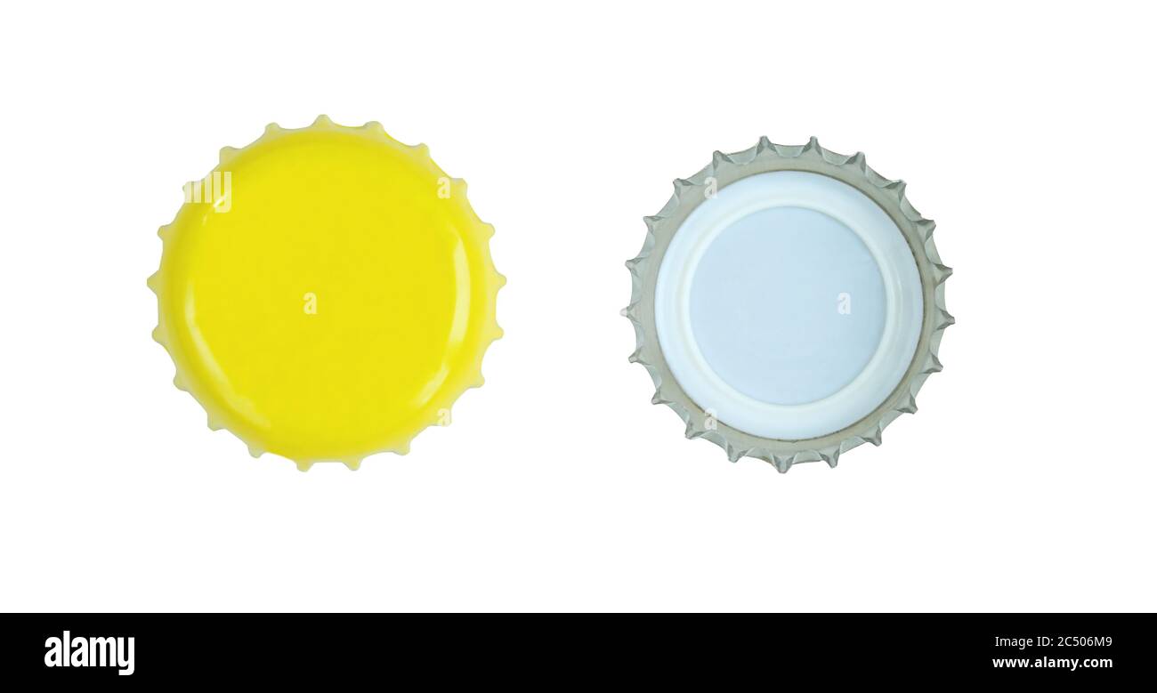 Two sides of yellow metallic bottle cap isolated on white background ...