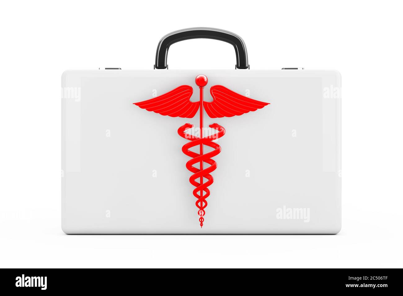 Red Caduceus Symbol in front of First Aid Kit Case on a white ...