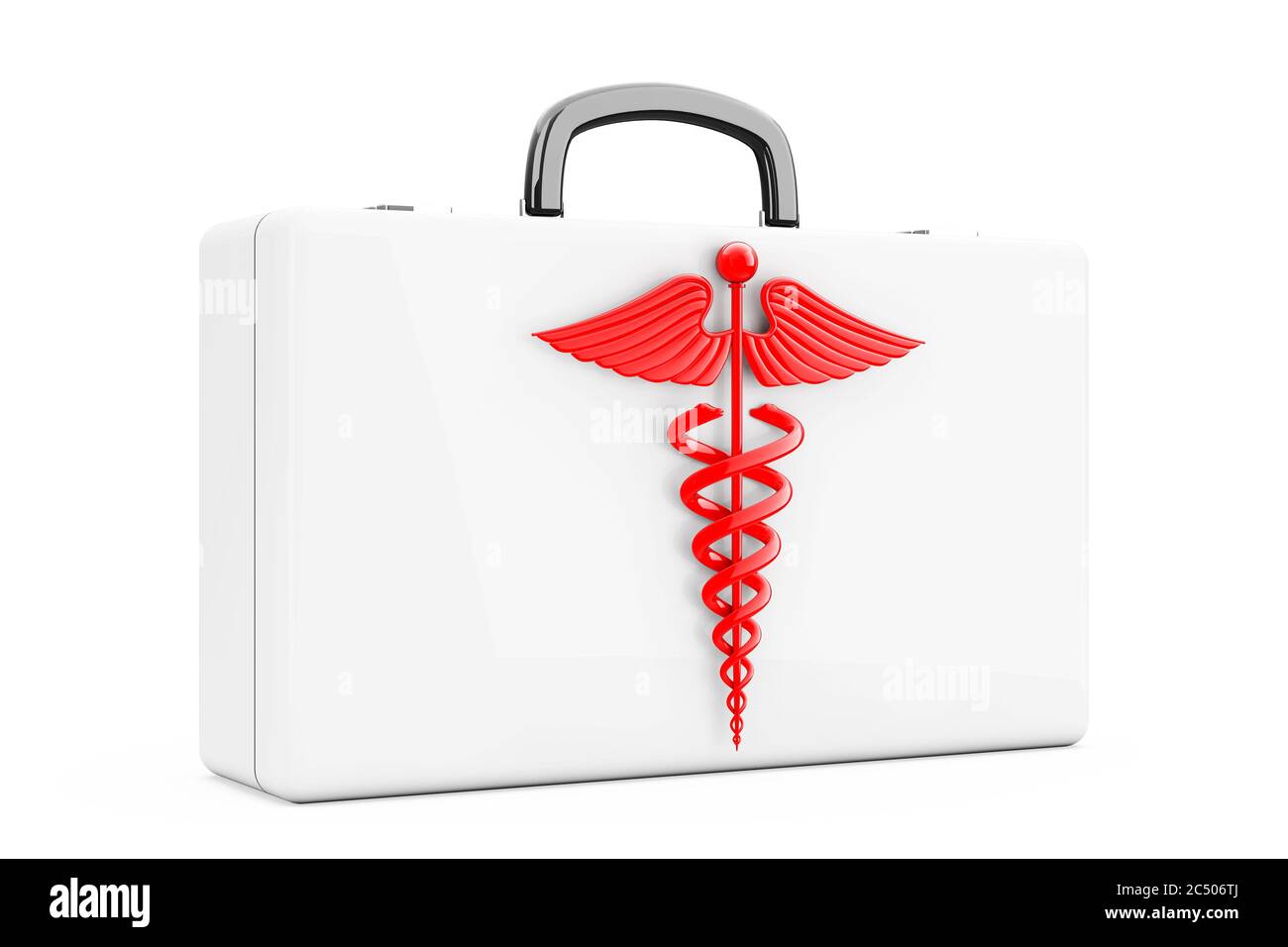 Red Caduceus Symbol in front of First Aid Kit Case on a white ...