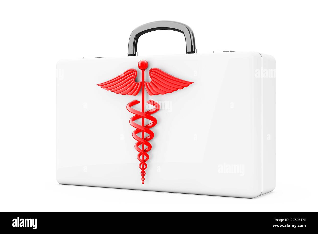 Red Caduceus Symbol in front of First Aid Kit Case on a white ...