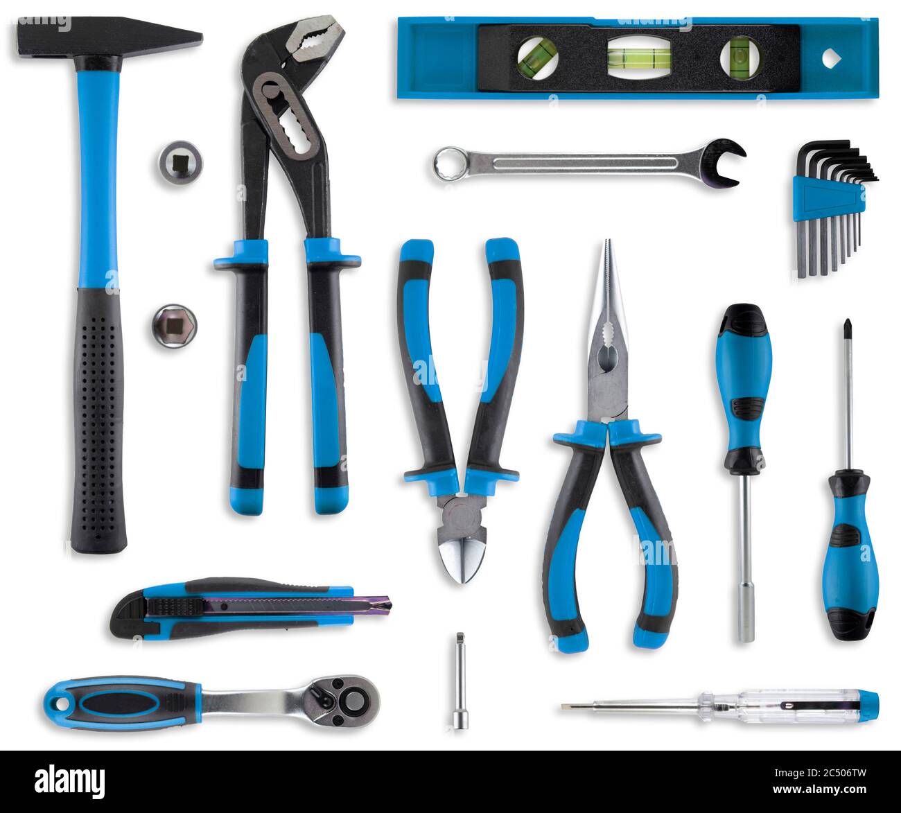 Flat lay with multiple work tools on white background with a soft ...