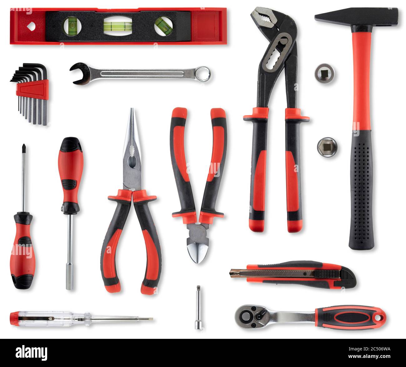 Flat lay with multiple work tools on white background with a soft ...