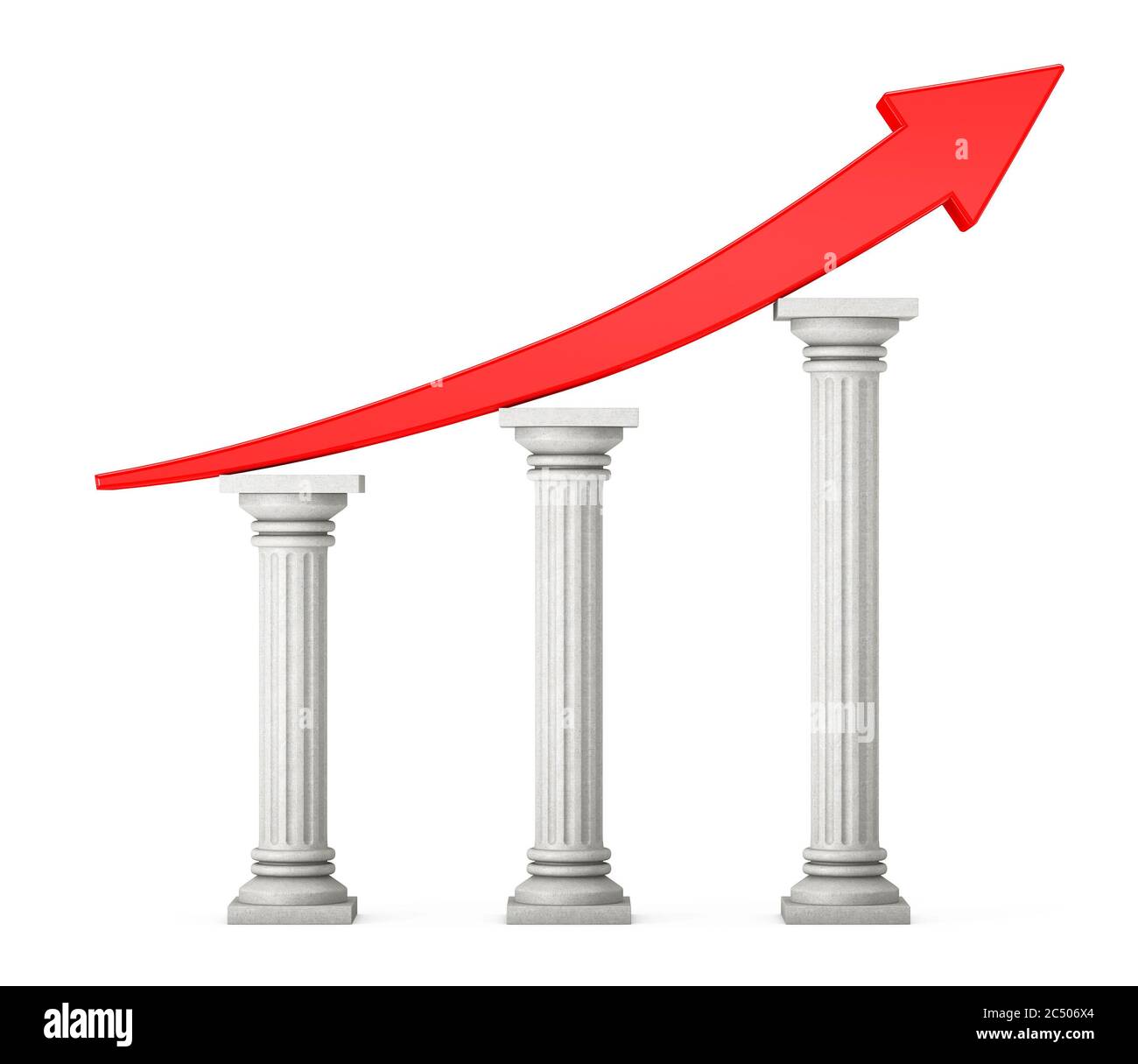 Red Progress Arrow over Classic Columns on a white background. 3d ...