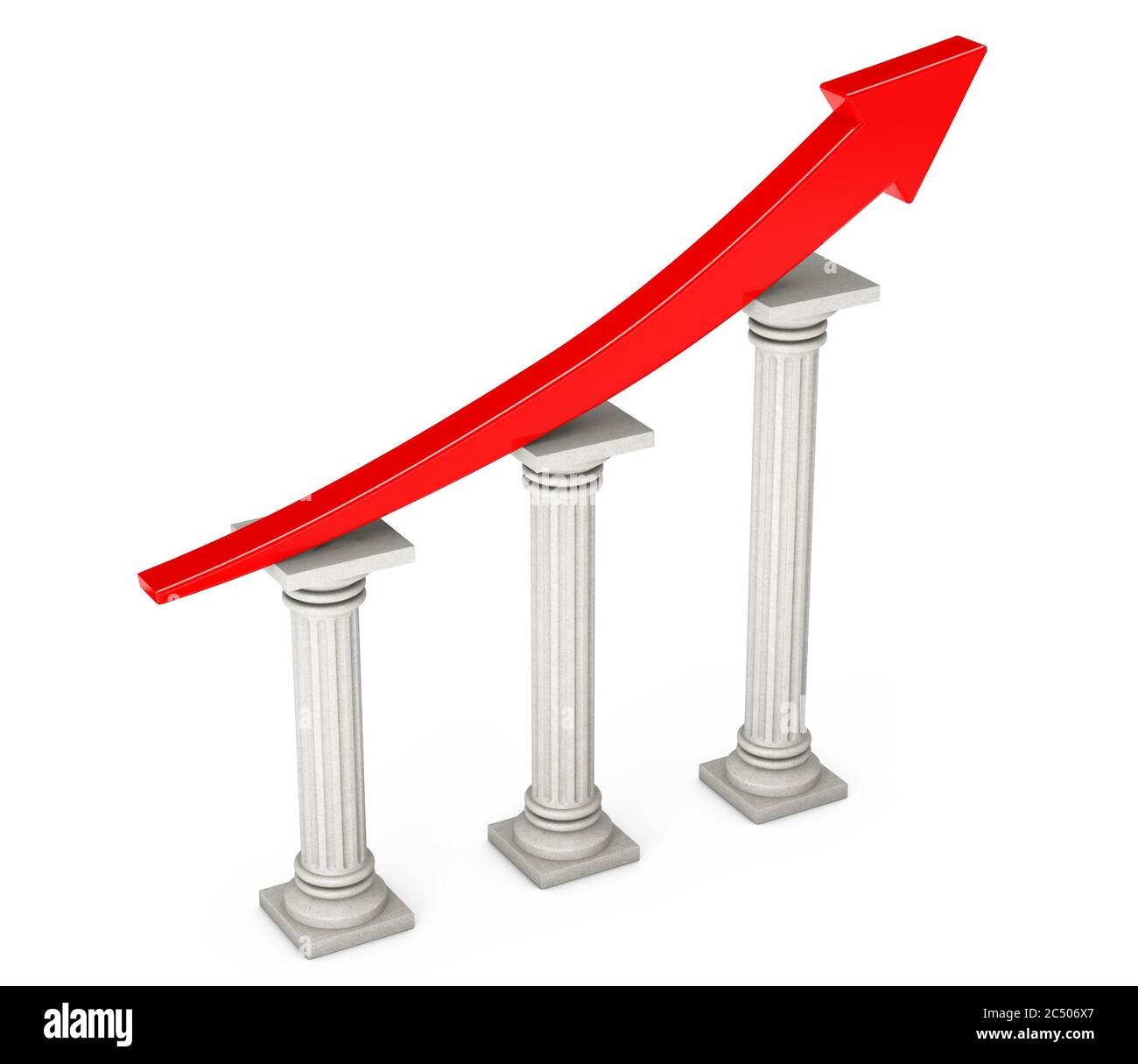 Red Progress Arrow over Classic Columns on a white background. 3d ...