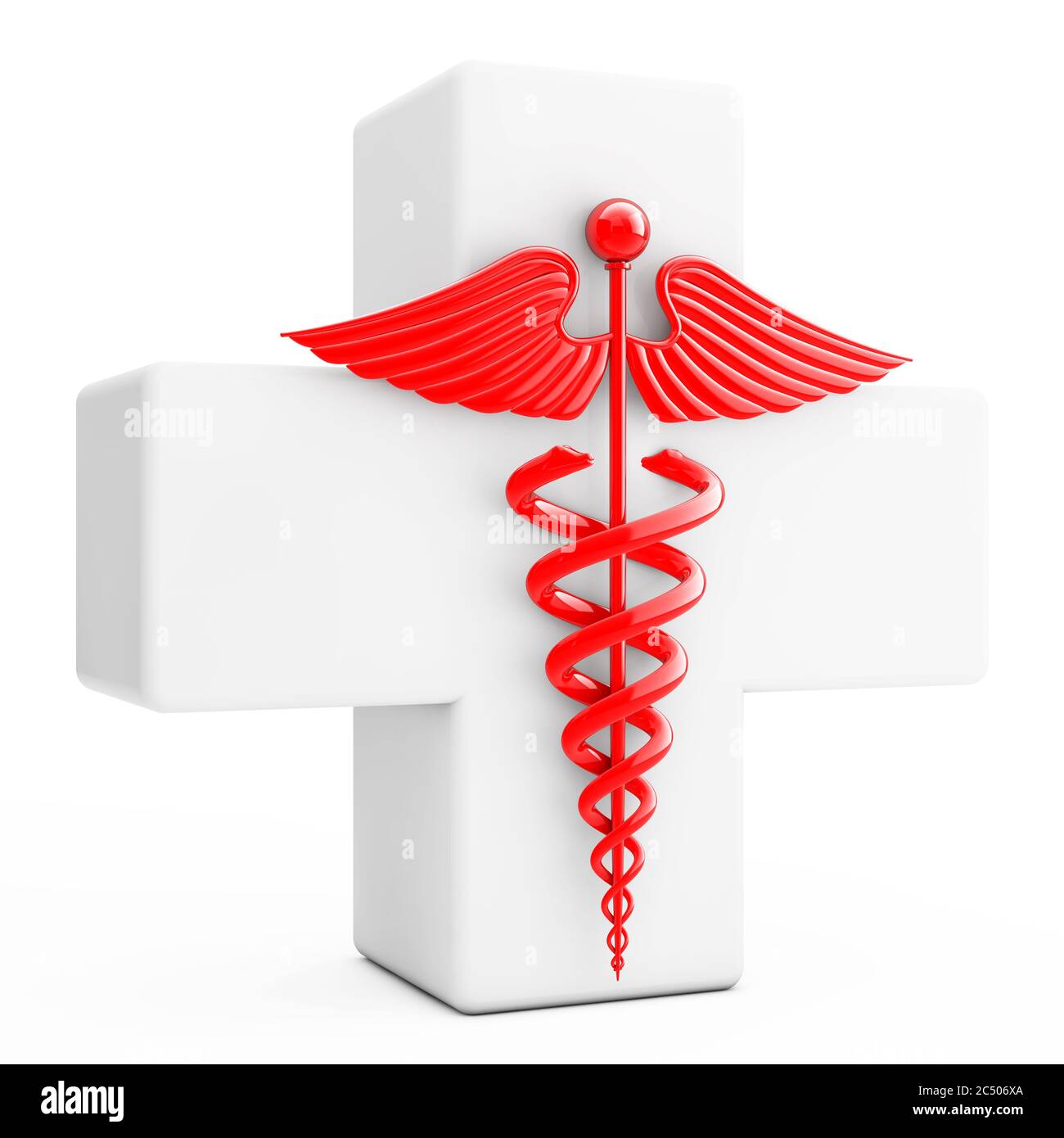 Red Caduceus Symbol in front of White Cross on a white background. 3d ...
