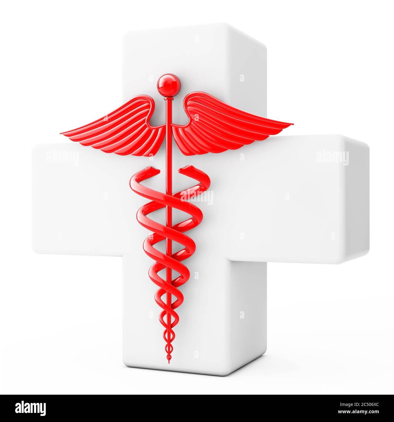 Red Caduceus Symbol in front of White Cross on a white background. 3d ...