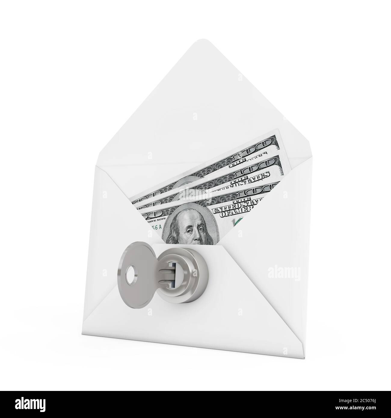 Security Concept. Money in Envelope with Key and Keylock on a white ...