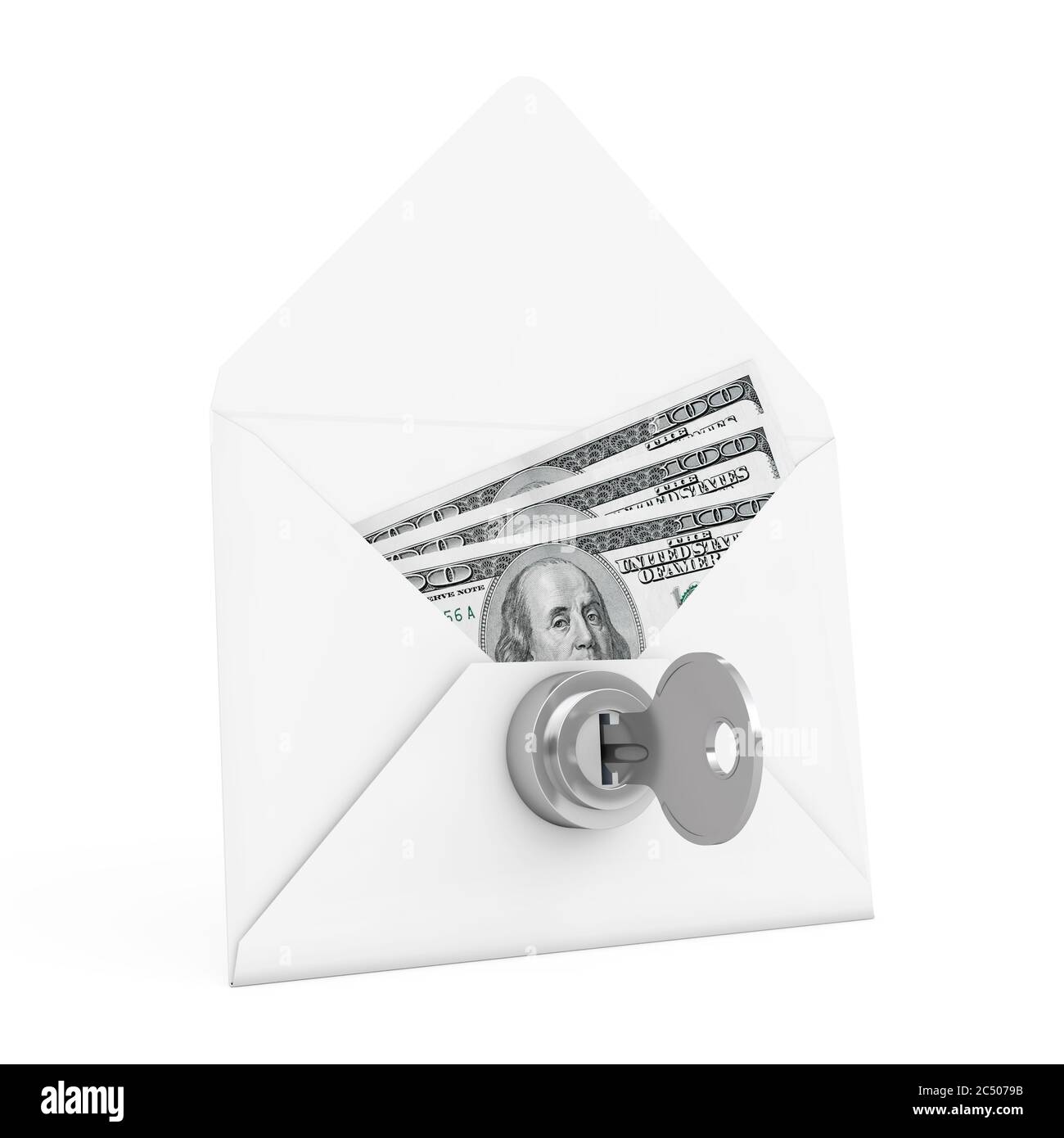 Security Concept. Money in Envelope with Key and Keylock on a white ...