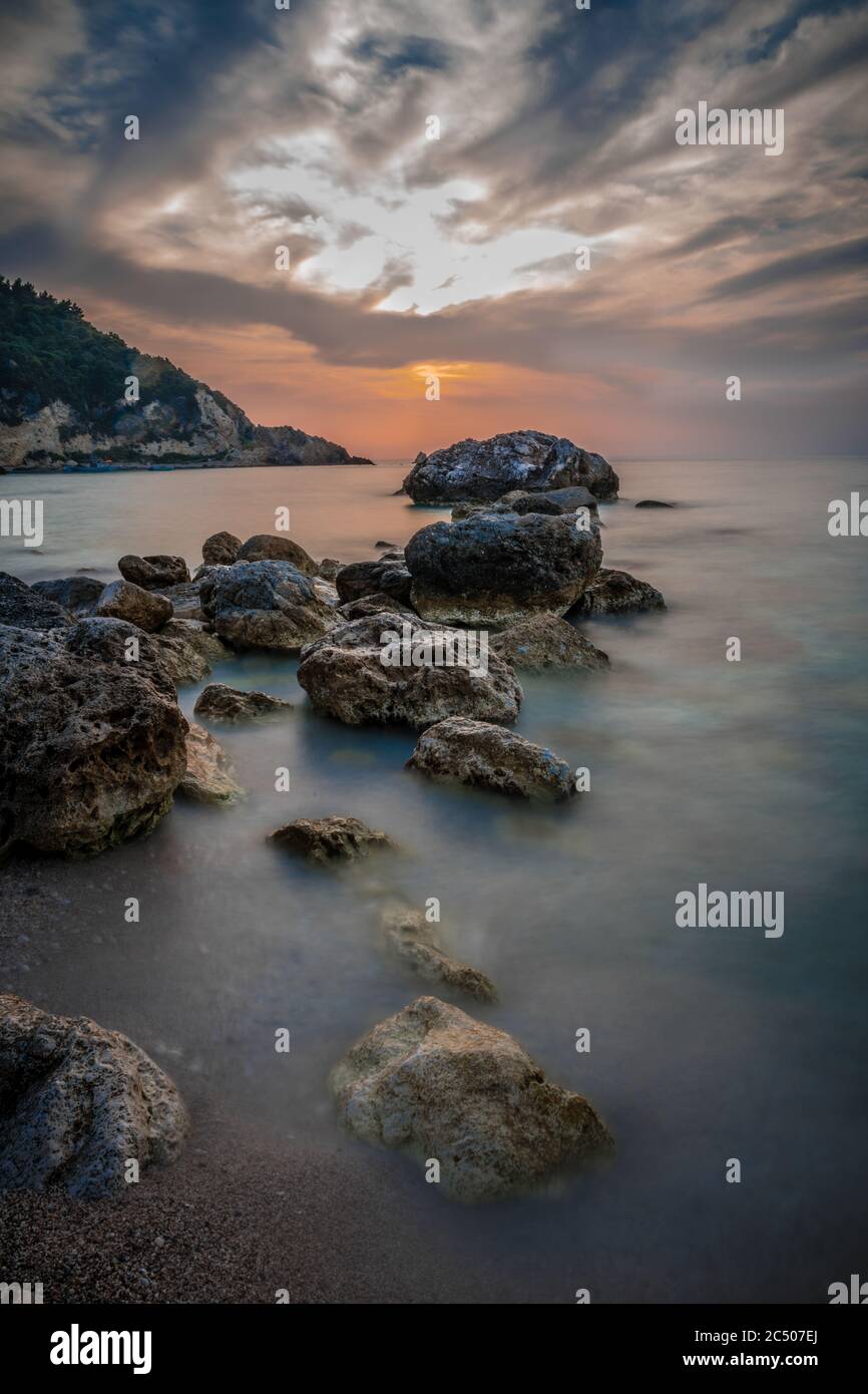 Sunset seascapes on the island of Lefkada, Greece, with beautiful ...