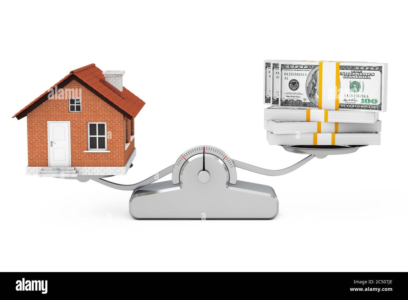 House with Money Balancing on a Simple Weighting Scale on a white ...