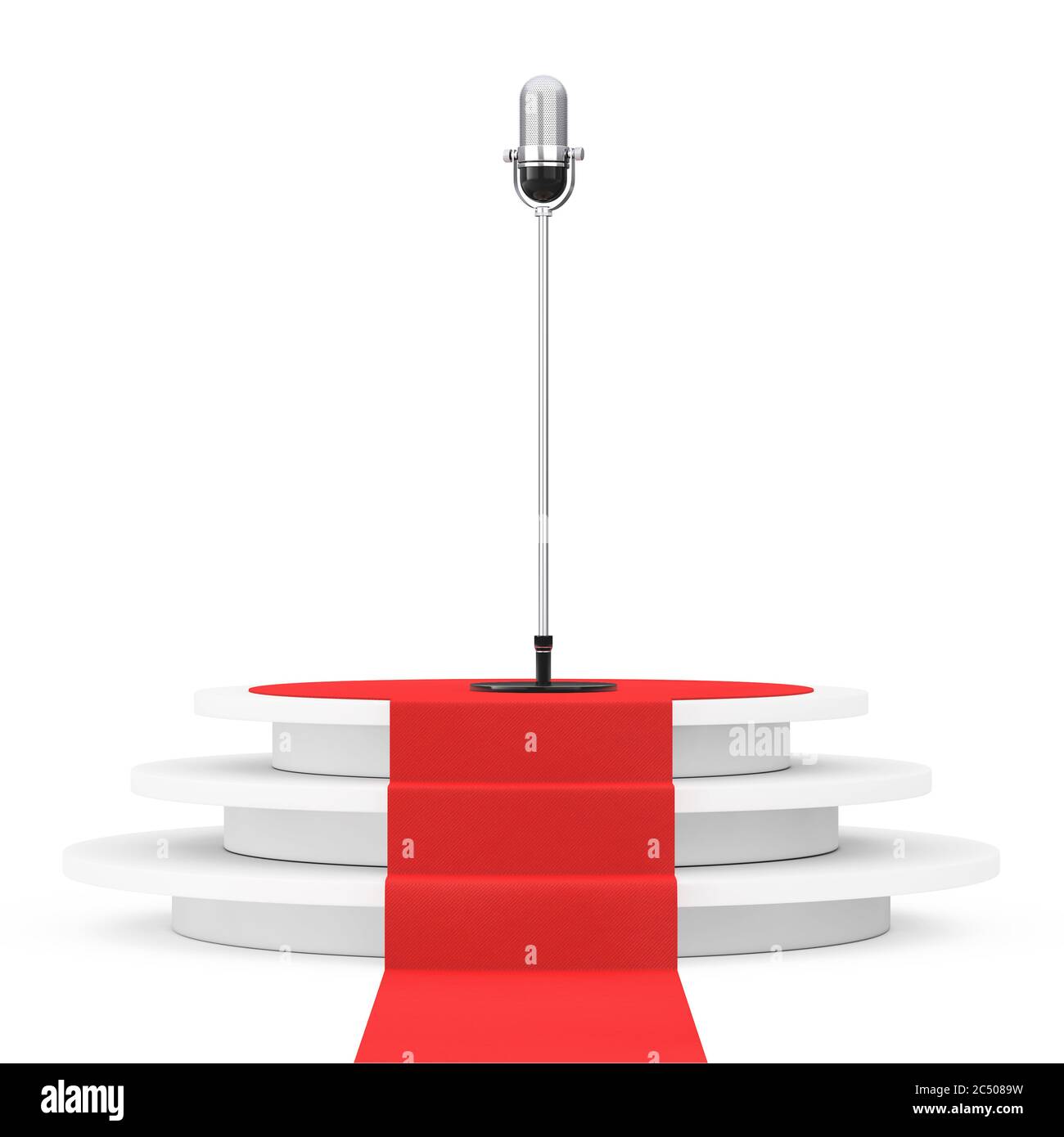 Vintage Silver Microphone over Winner Podium with Red Carpet on a white ...