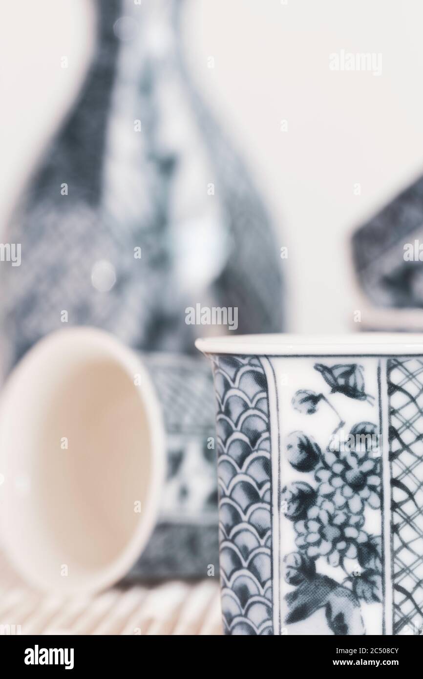 Blue and white patterned Japanese sake set Stock Photo - Alamy