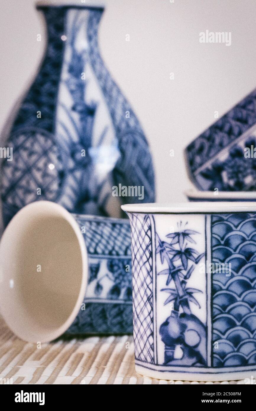 Blue and white patterned Japanese sake set Stock Photo - Alamy