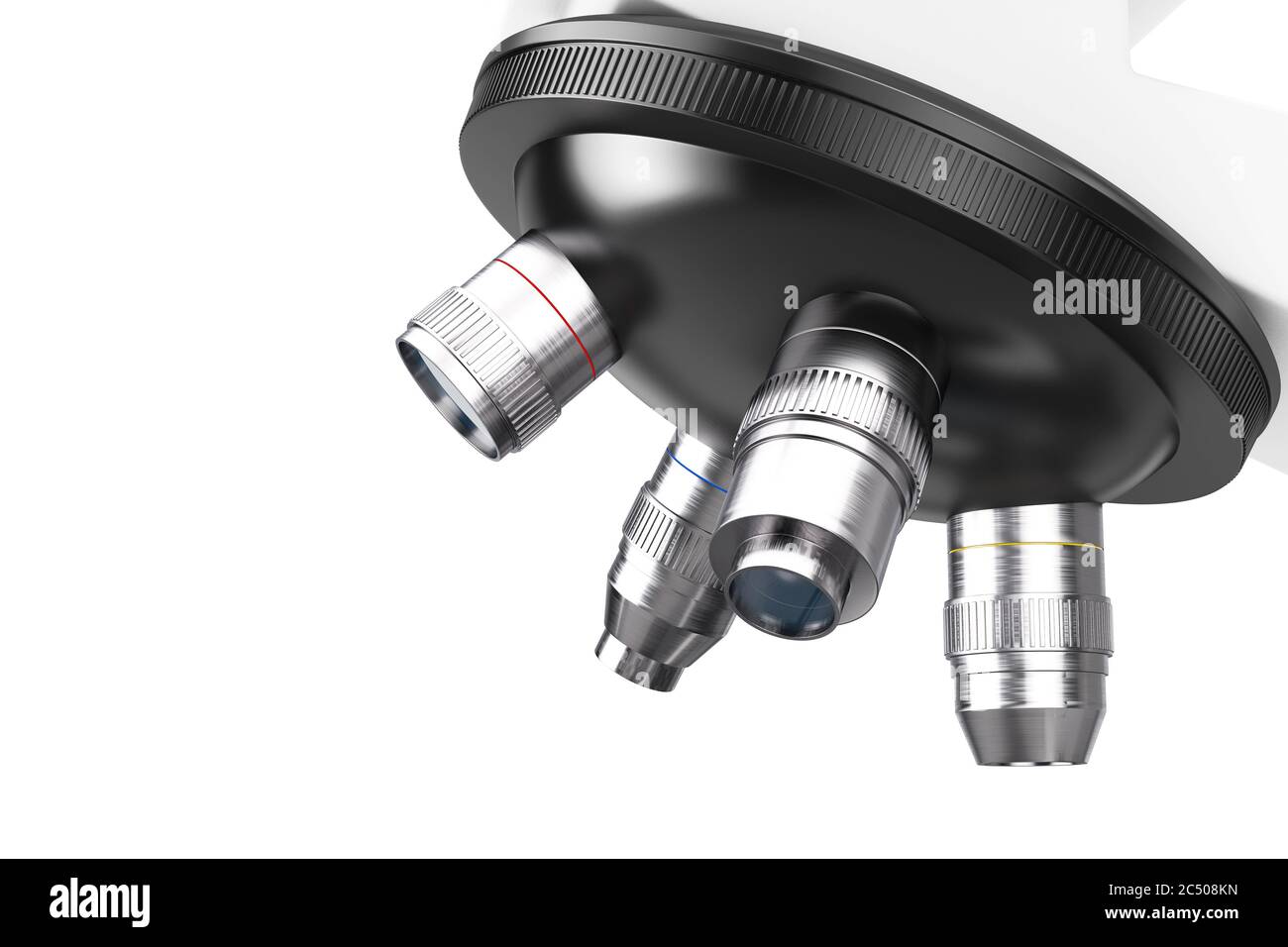 Objective Lens of Modern Laboratory Microscope extreme closeup on a ...