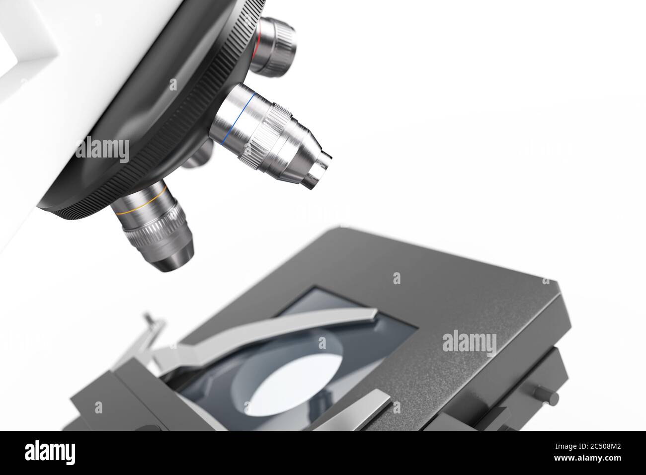 Objective Lens of Modern Laboratory Microscope extreme closeup on a ...