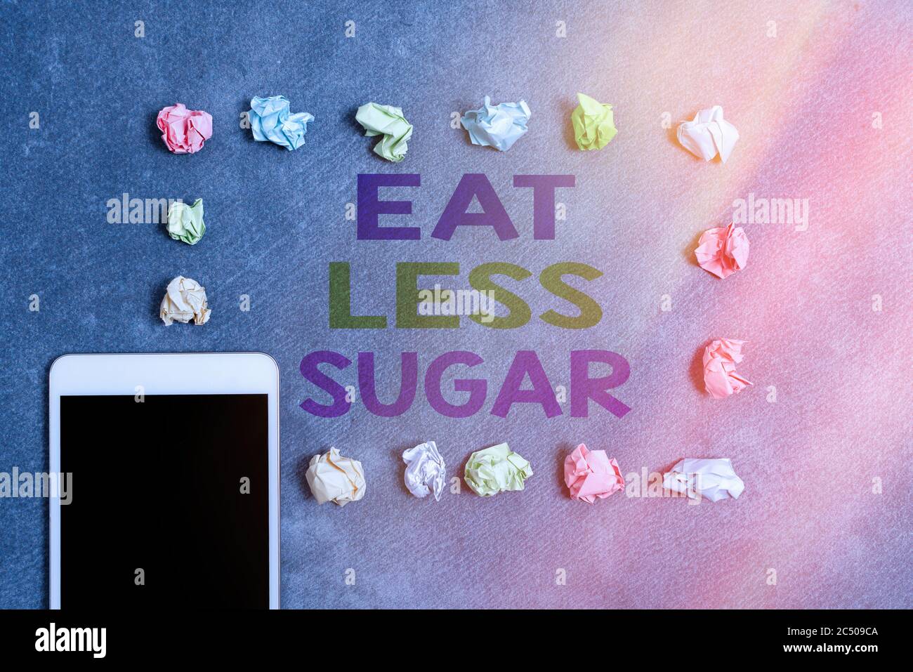 Writing note showing Eat Less Sugar. Business concept for reducing ...