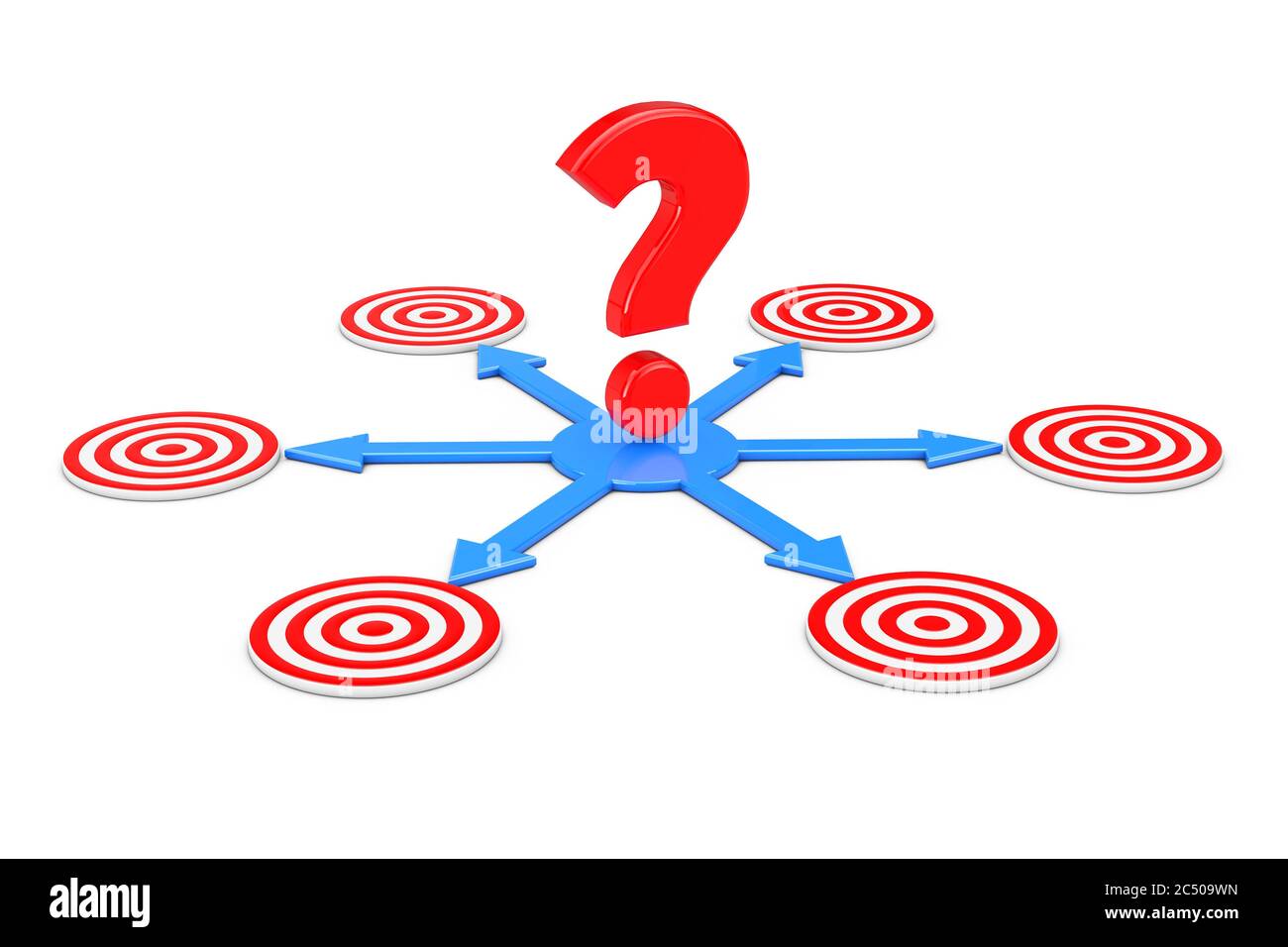 Question Mark over Blue Arrows as Different Ways to Targets on a white ...