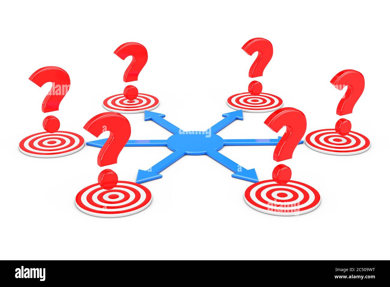 Question Marks over Blue Arrows as Different Ways to Targets on a white ...