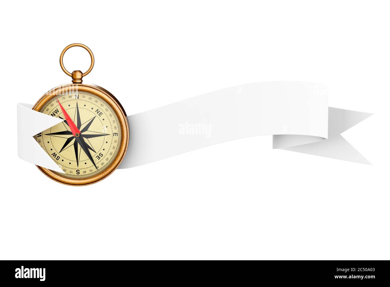 Antique Vintage Brass Compass with Ribbon Banner on a white background ...