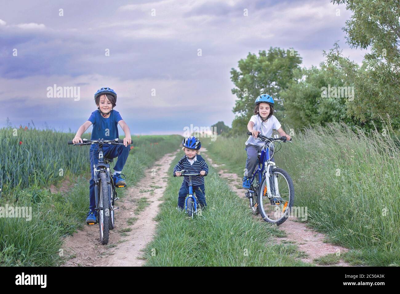 Children, riding bikes on rural path on summer evening Stock Photo - Alamy