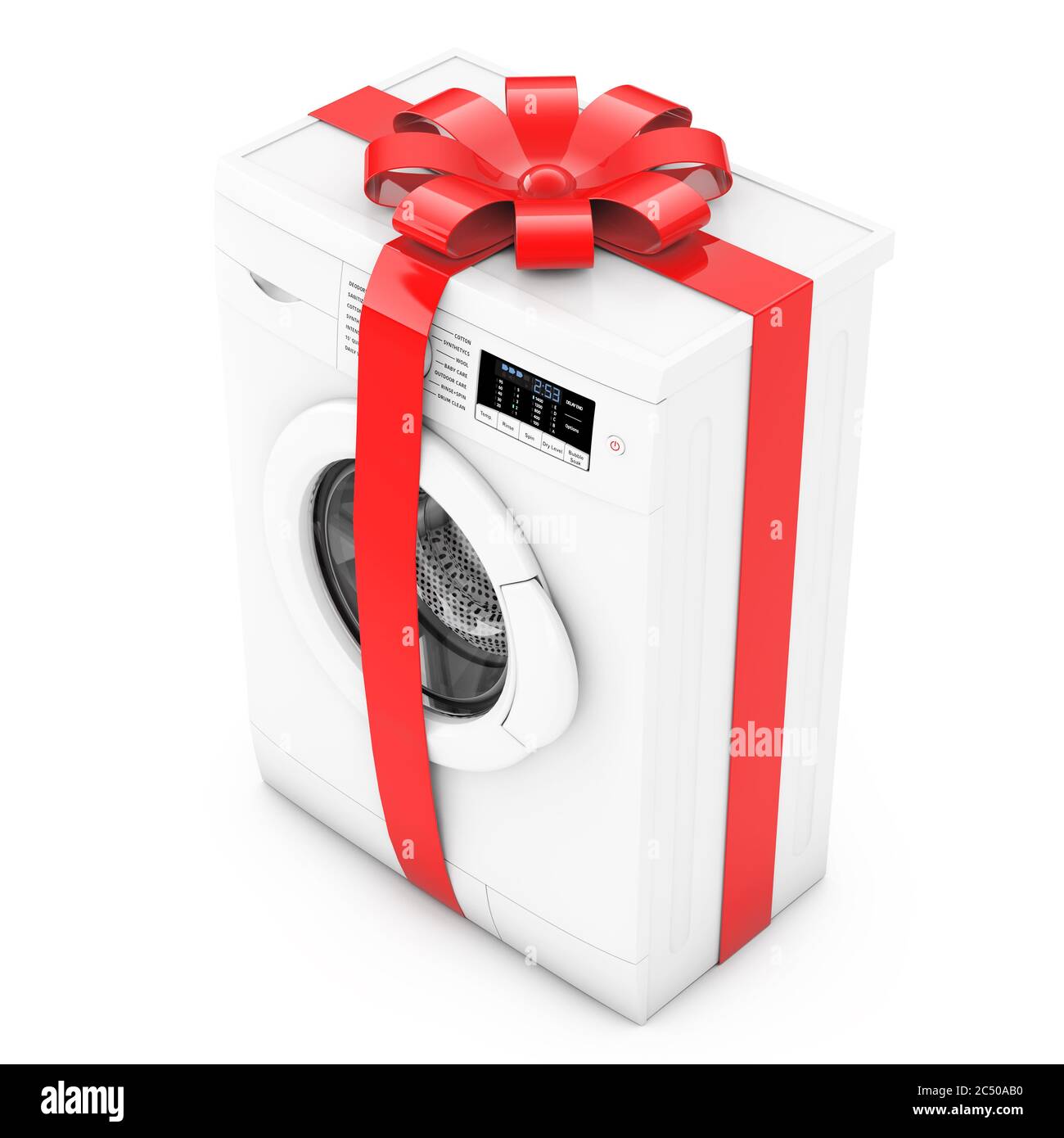 Modern Washing Machine with Red Ribbon and Bow as Gift on a white ...
