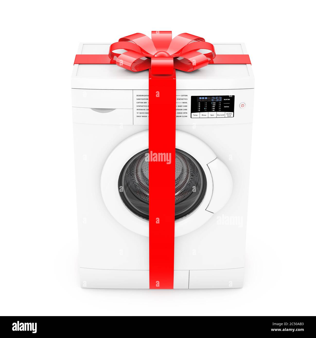Modern Washing Machine with Red Ribbon and Bow as Gift on a white ...