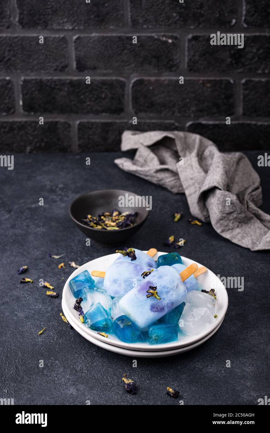 Blue ice cream popsicle from Butterfly pea Stock Photo - Alamy