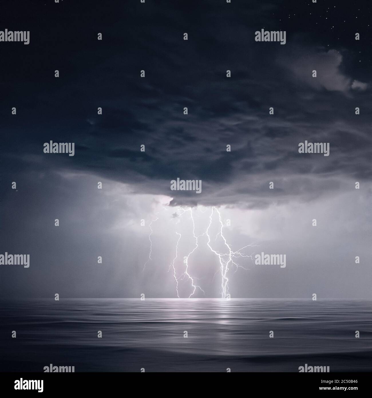 Starry night with Thunderstorm. Night thunderstorm with lightning above ...