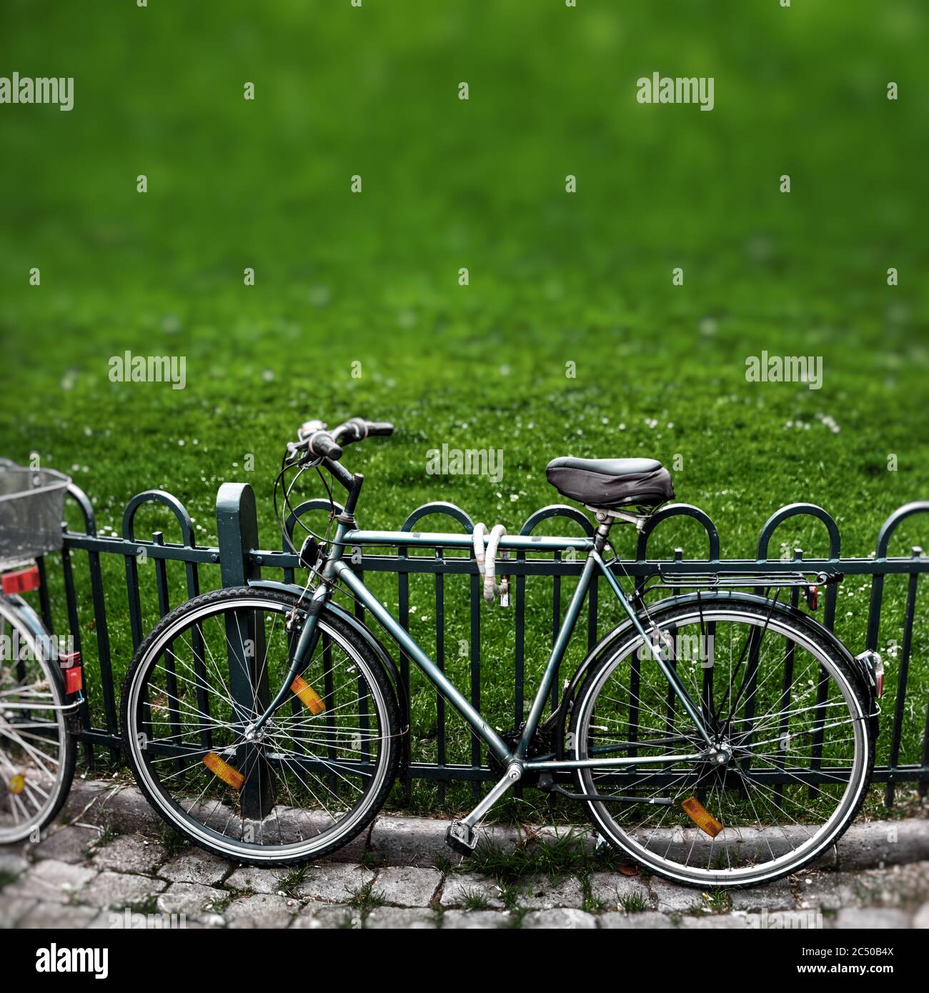 bike at the fence. urban transport. bike is securely locked to the ...