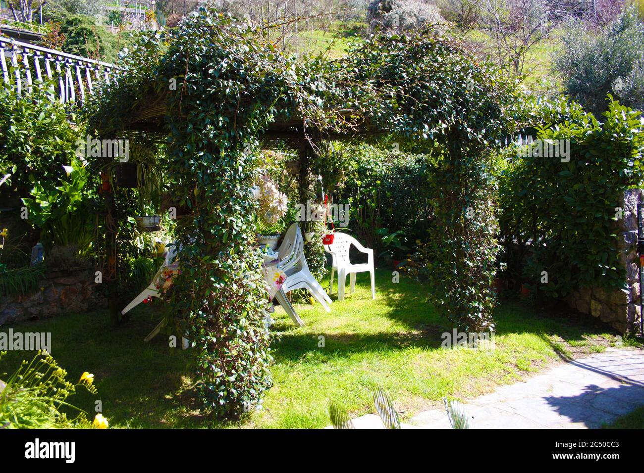 relaxing home garden covered with greenery and leaves and a homemade ...