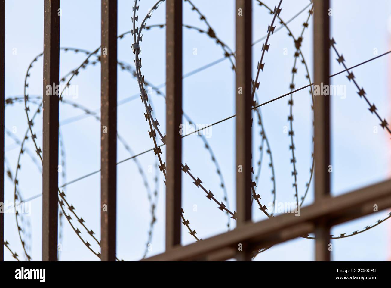 Barbed wire on prison fence. Restricted access from restricted area ...