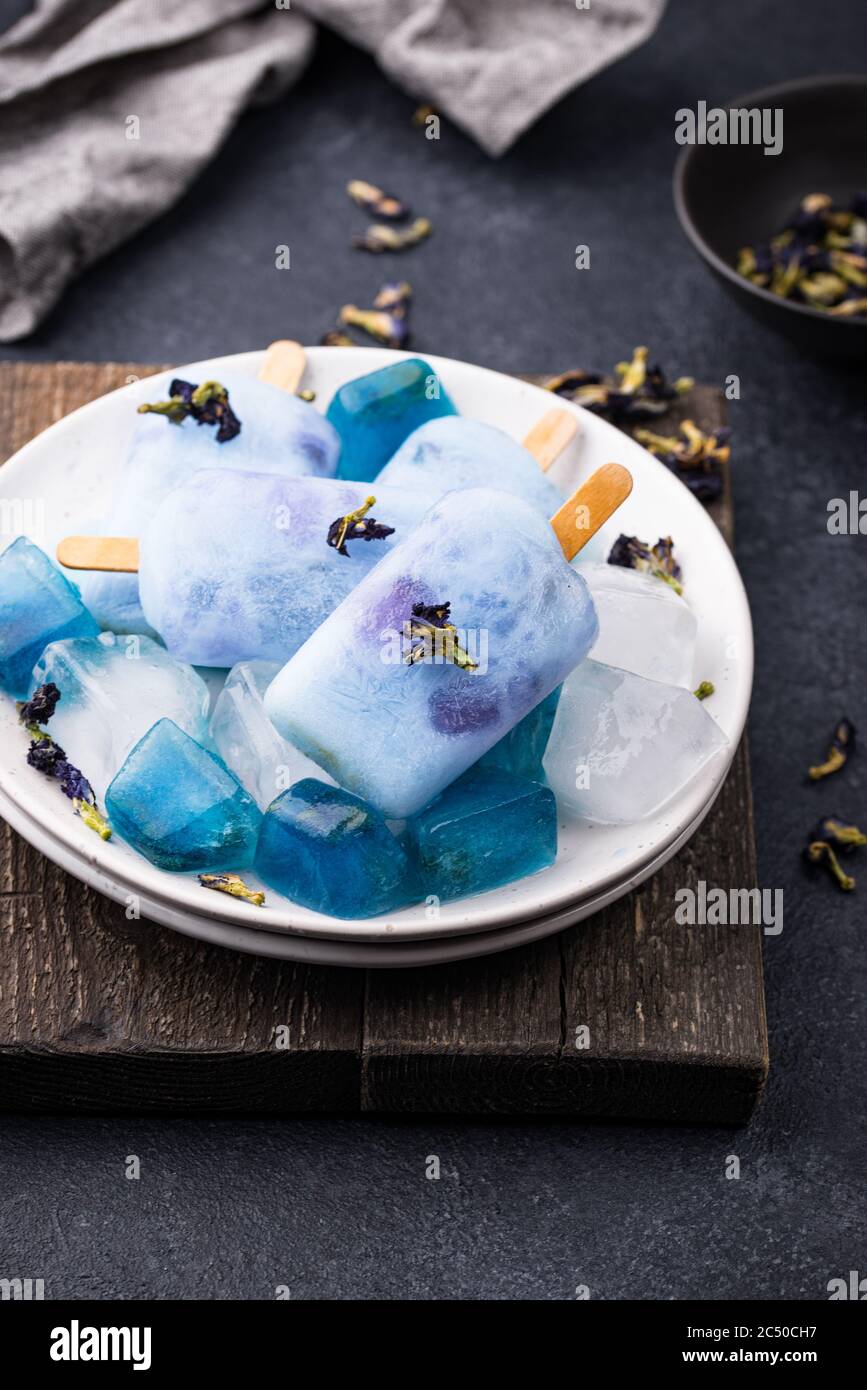 Blue ice cream popsicle from Butterfly pea Stock Photo - Alamy